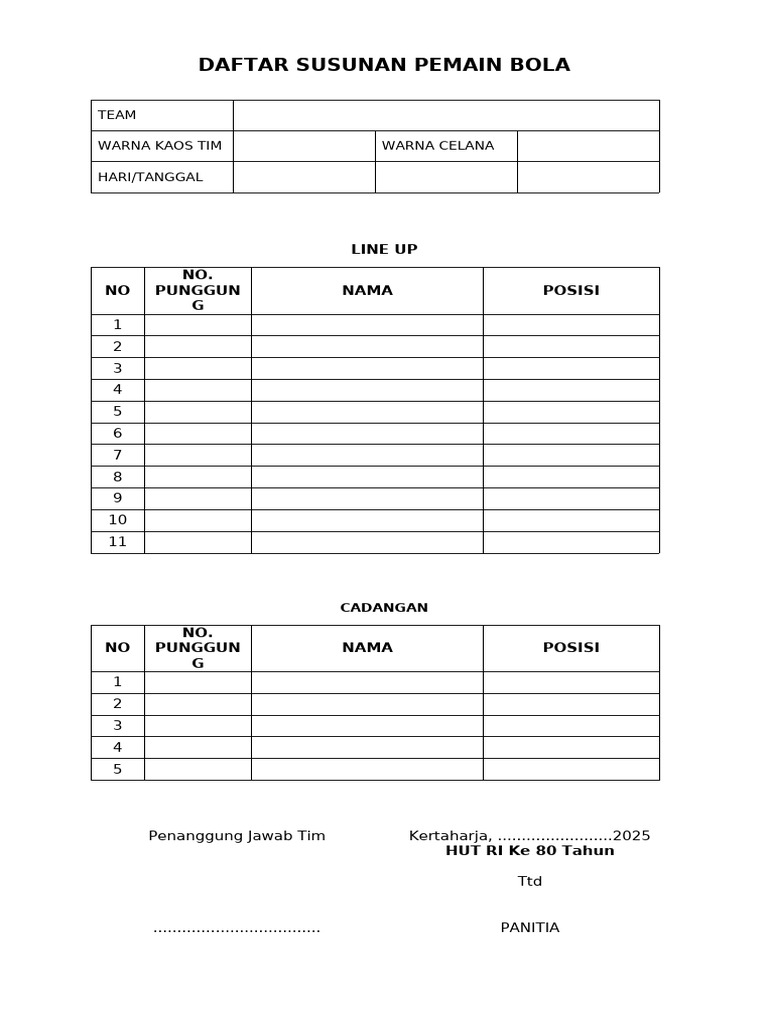 Daftar Susunan Pemain Bola (Line Up) | PDF