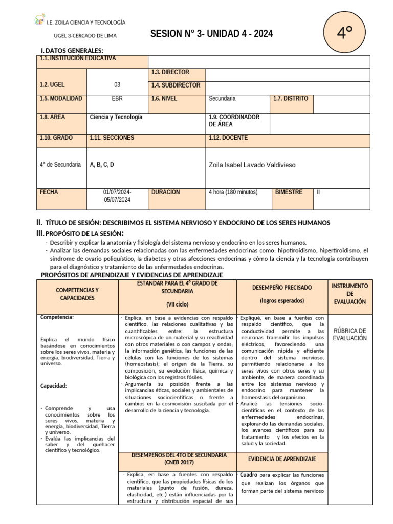 4°sec - UNIDAD 4 - SESIÓN Act. 3 - El Sistema Nervioso y Endocrino en Seres Humanos | PDF ...