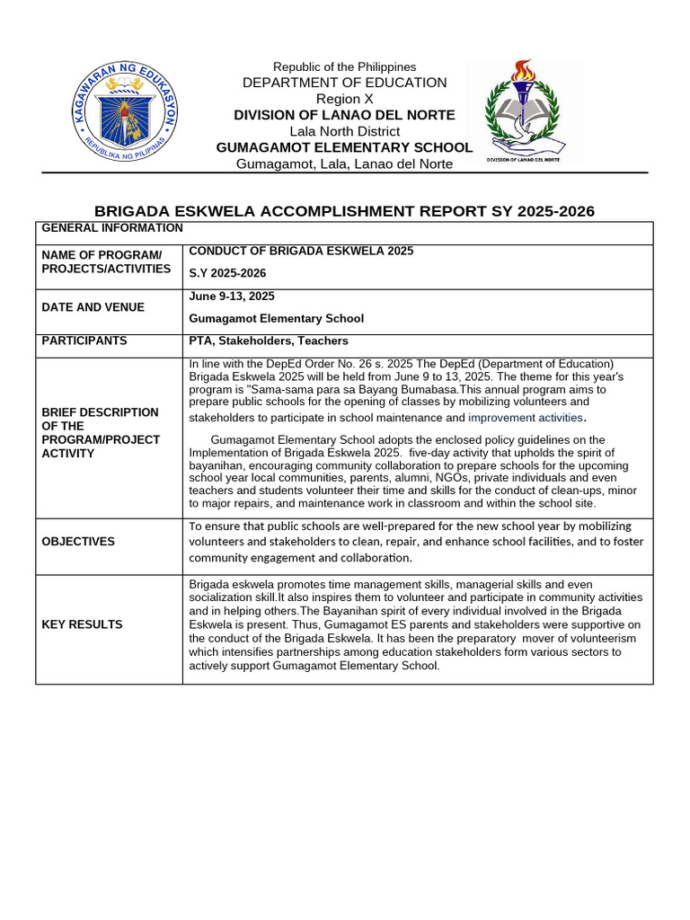 Brigada Eskwela Accomplishment Report | PDF | Volunteering