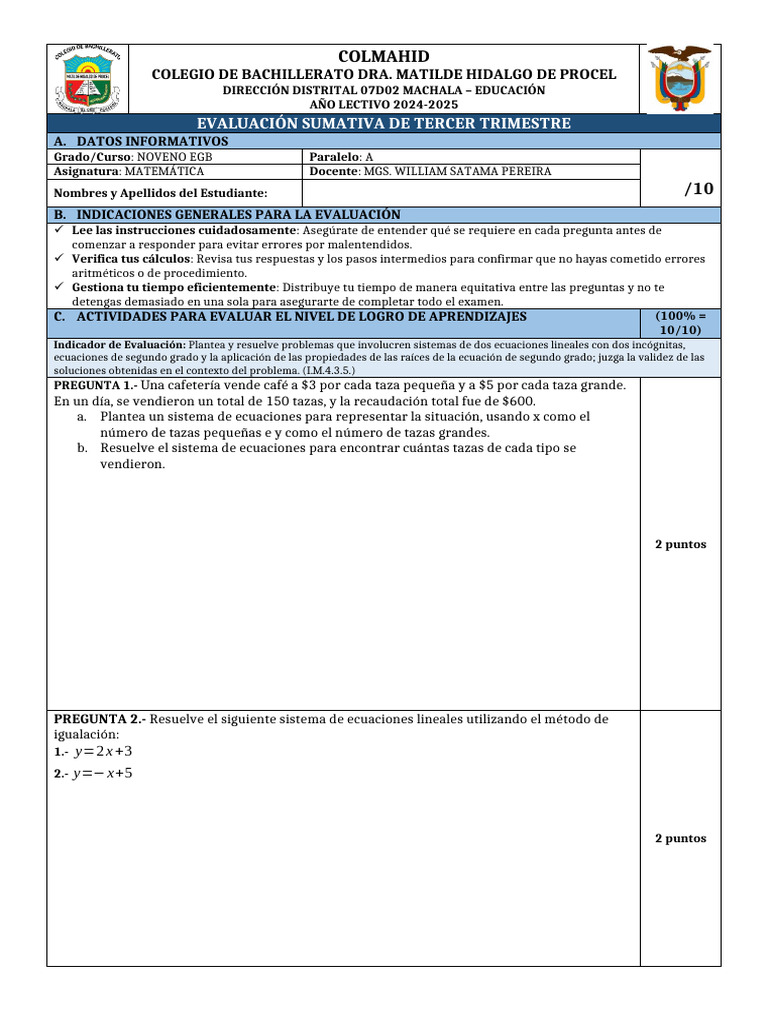 9EGB-MATE-EXAMEN-3T | PDF | Ecuaciones | Sistema de ecuaciones lineales