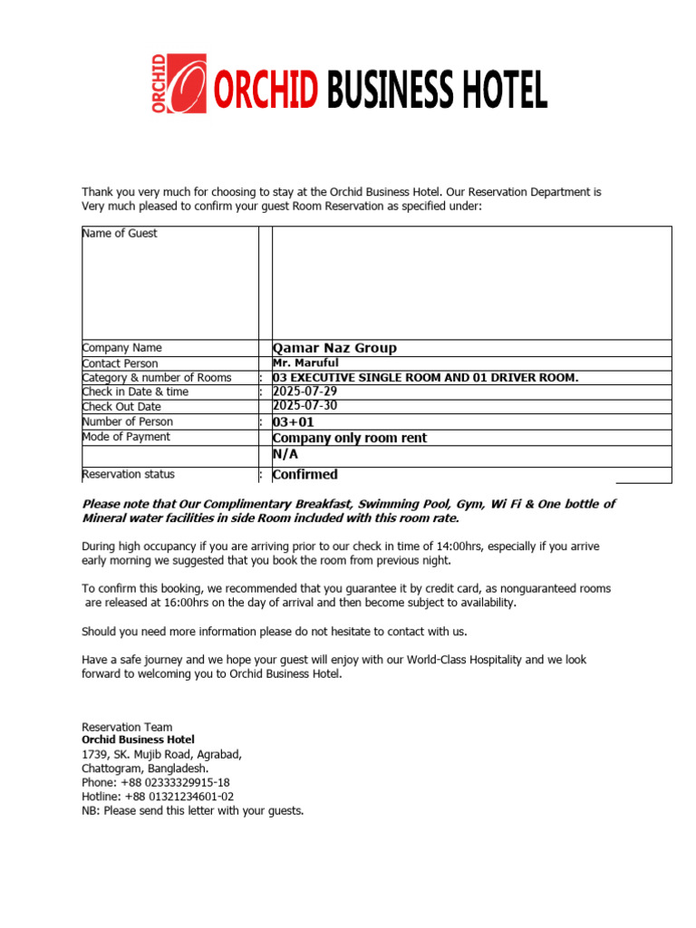 Reservation Confirmation For Hotel | PDF