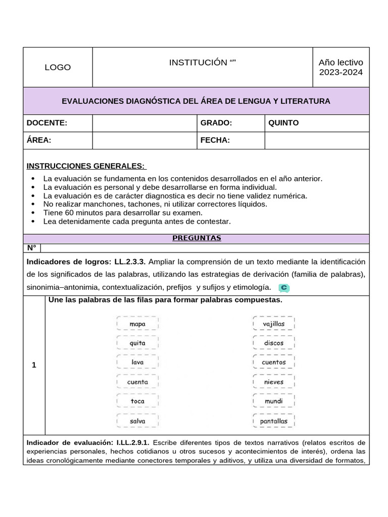 Evaluacion Diagnostica de Lengua y Literatura de 5to Año Basico | PDF ...