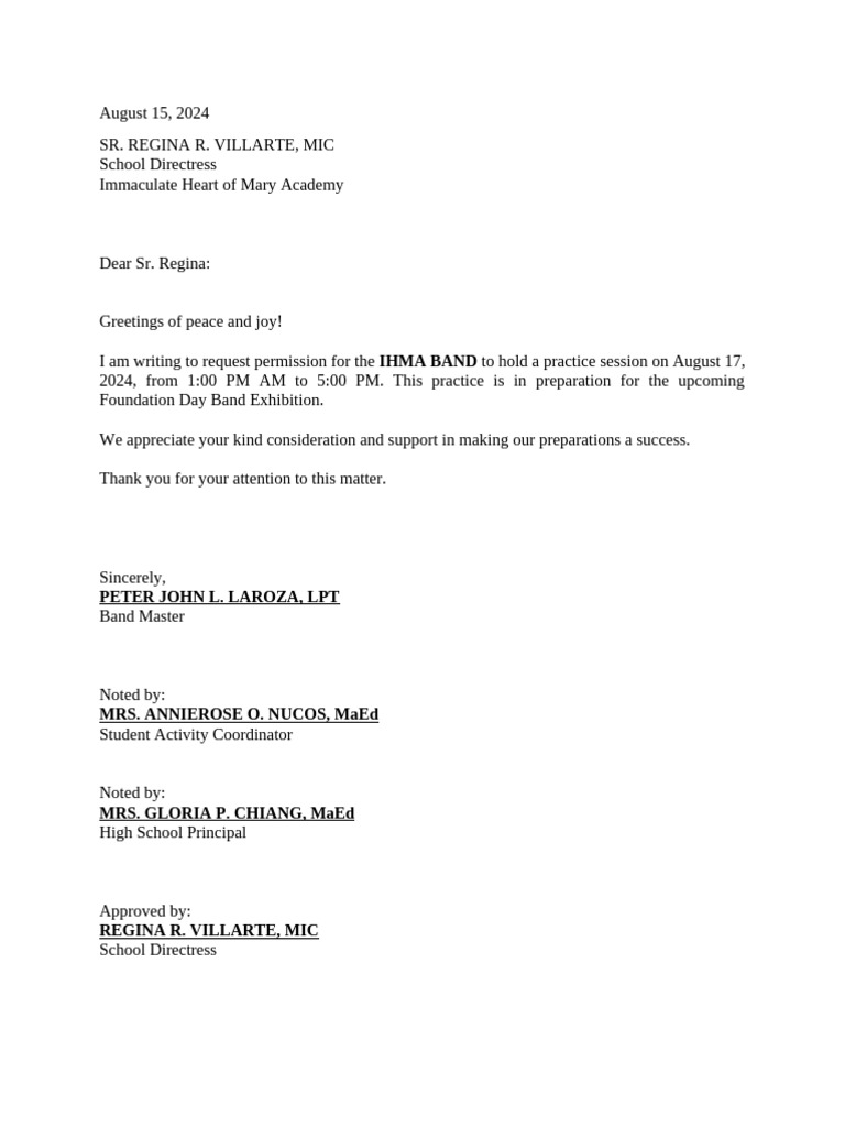 Band Practice Letter | PDF
