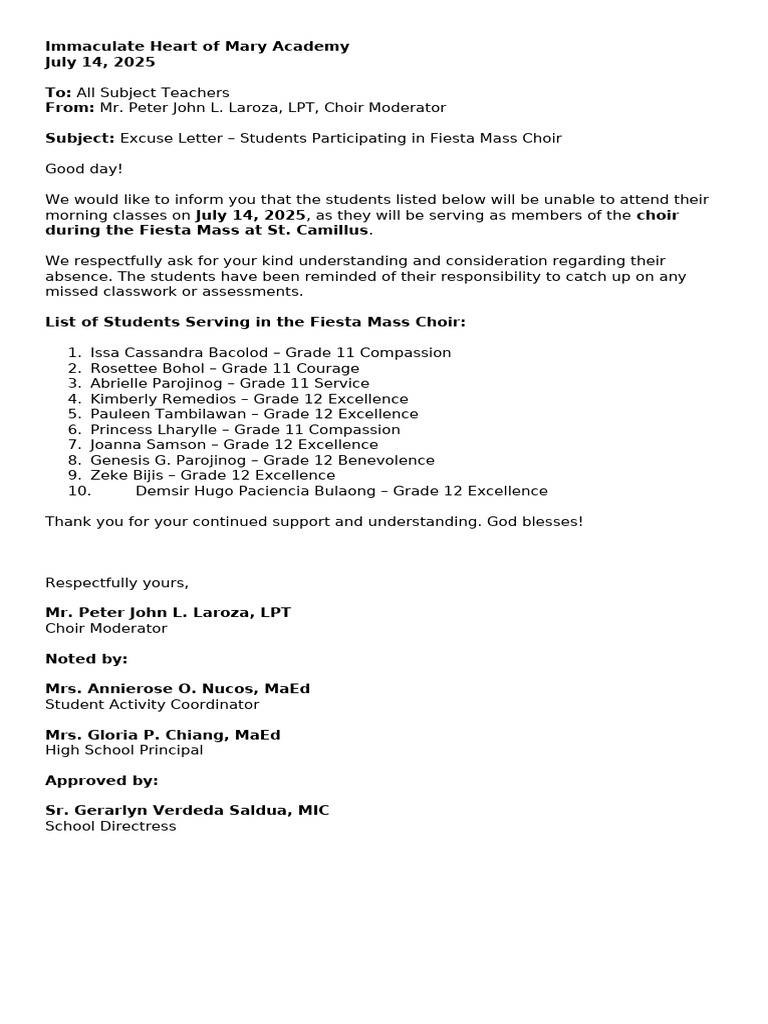 Excuse Letter for Choir Participation | PDF