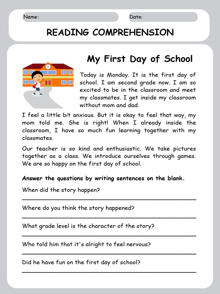 Grey Simple Story Reading Comprehension First Day of School Worksheet | PDF