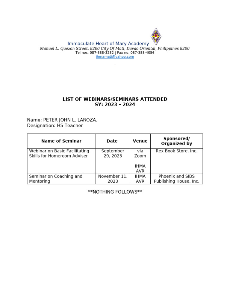 List of Seminars Attended | PDF