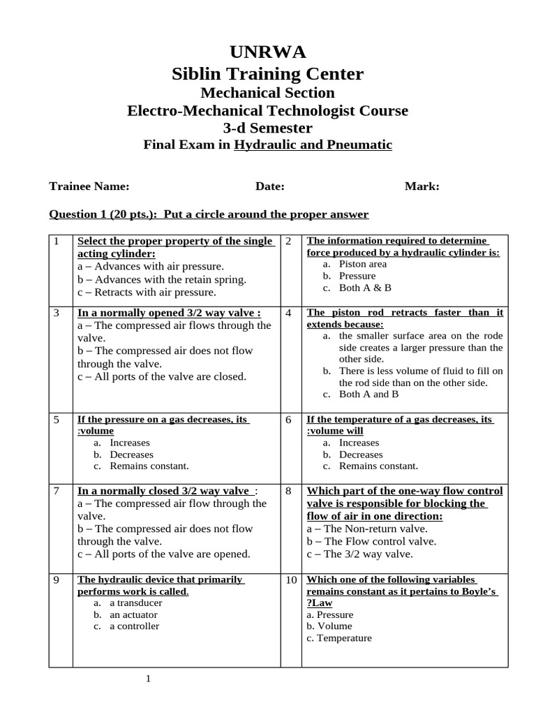 Pneumatics and Hydraulics Final Exam 2012 | PDF | Valve | Pump