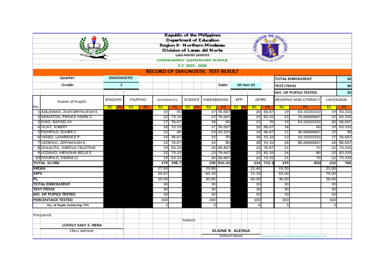 Diagnostic Result g1 2025-2026 | PDF | Reading (Process) | Learning Methods