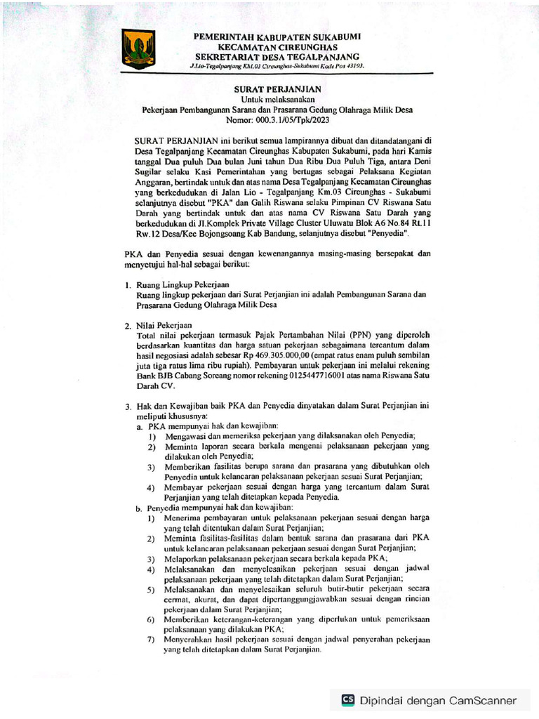 Kontrak + BAST Gedung Olahraga Desa Tegalpanjang | PDF