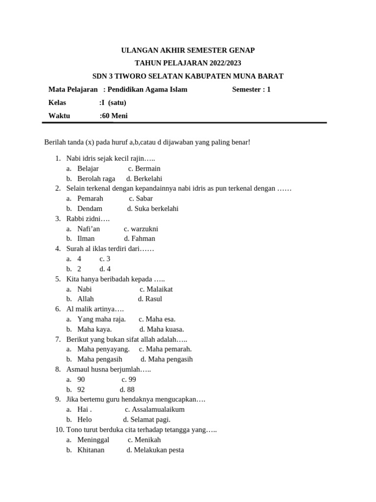 Soal Ulangan Kls 1 | PDF