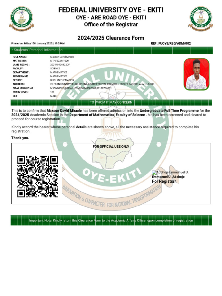 Screening Certificate, 2024 - 2025 Academic Session - Maxson David ...