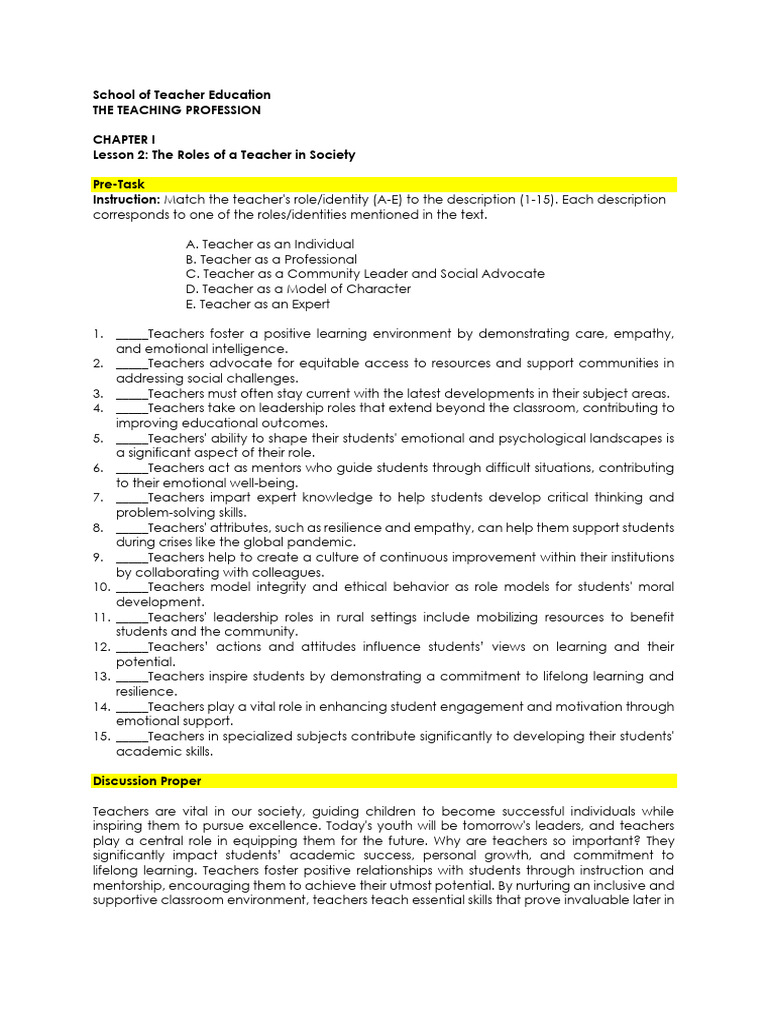 Chapter 1 Lesson 2 Roles of A Teacher in Society | PDF | Teachers ...