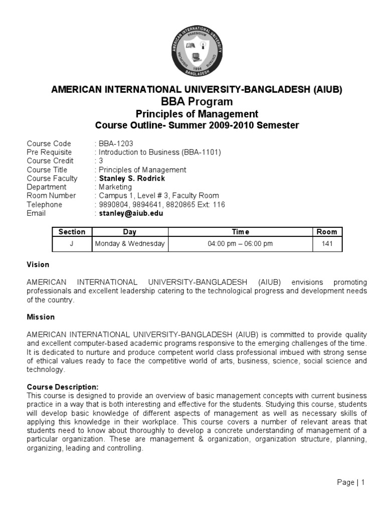 Course Outline - Summer 2009-2010 Semester - Principles of Management ...