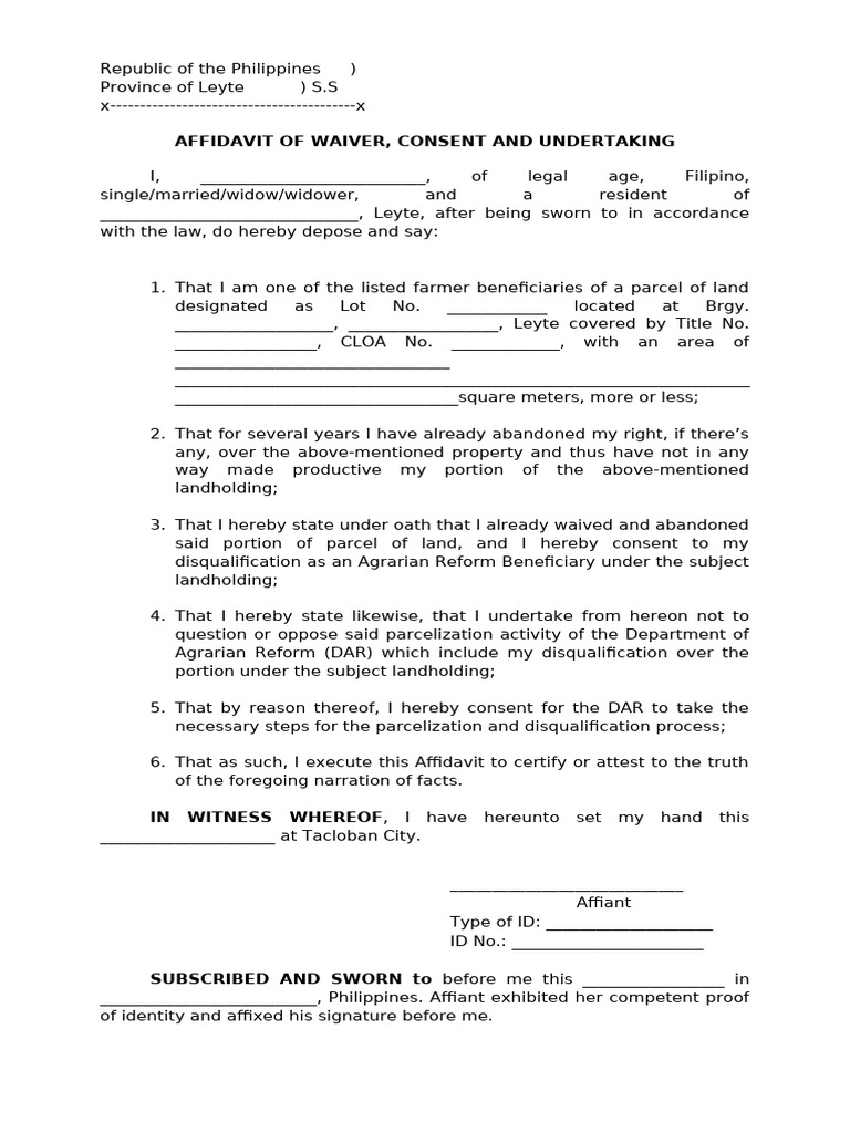 Affidavit of Waiver, Consent and Undertaking (Actual CLOA Holder) - Disqualify | PDF | Affidavit ...