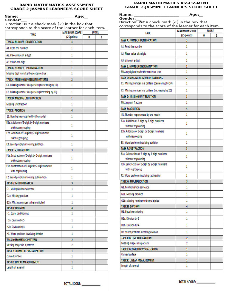 Grade 2 Mathematics Assessment Sheet | PDF
