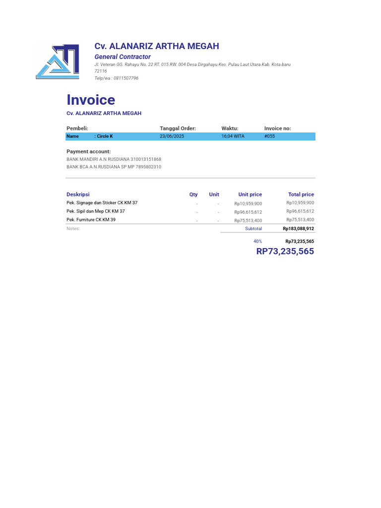 Invoice Proyek Cv. Alanariz Artha Megah | PDF