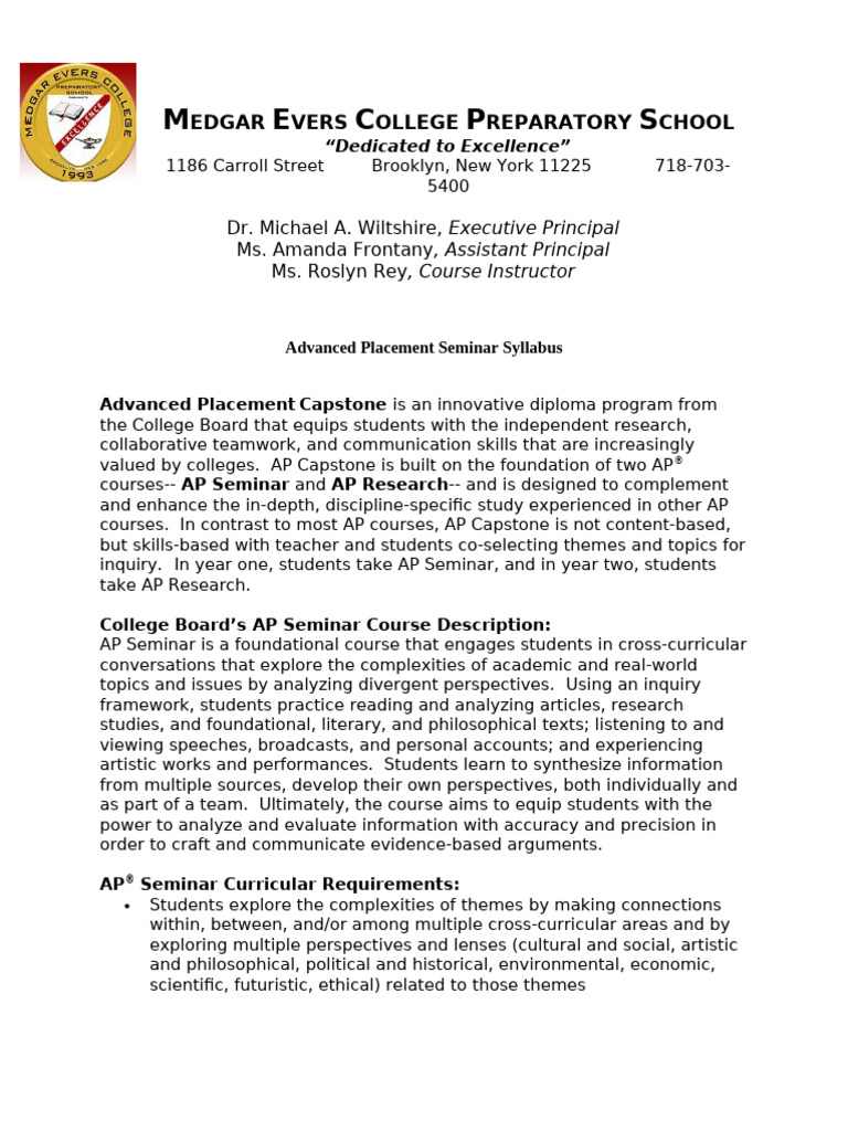 AP Seminar Syllabus Terms 1 and 2 | PDF | Learning