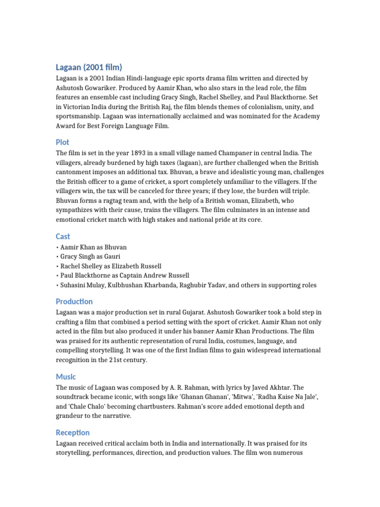 Lagaan 2001 Film Article | PDF | Cinema Of India