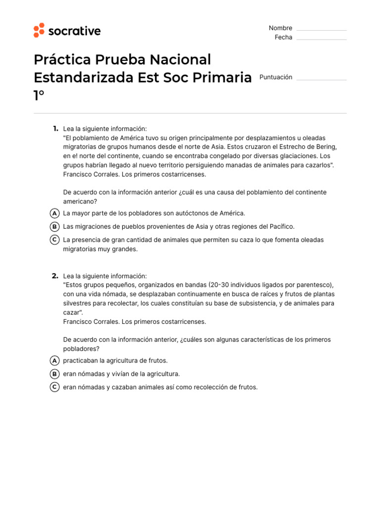 Quiz - Práctica Prueba Nacional Estandarizada Est Soc Primaria | PDF ...