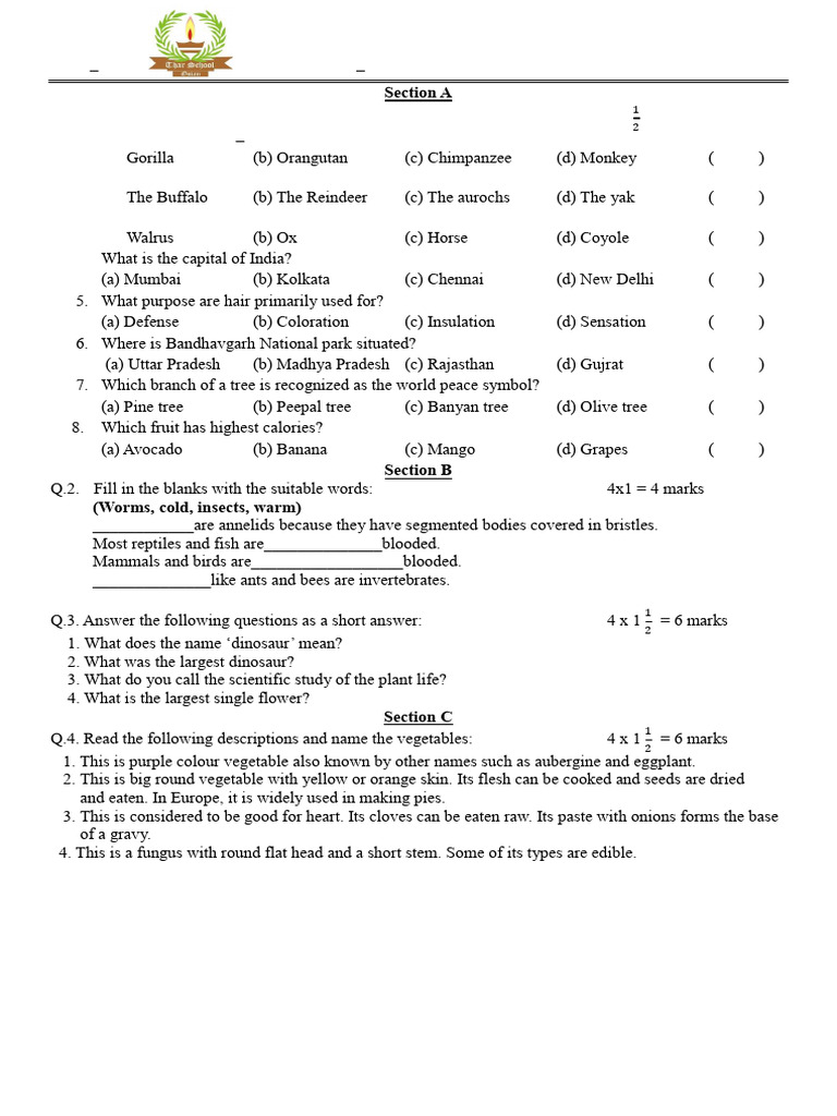 Periodic Assessment GK Paper Class 6th | PDF | Eggplant | Vegetables