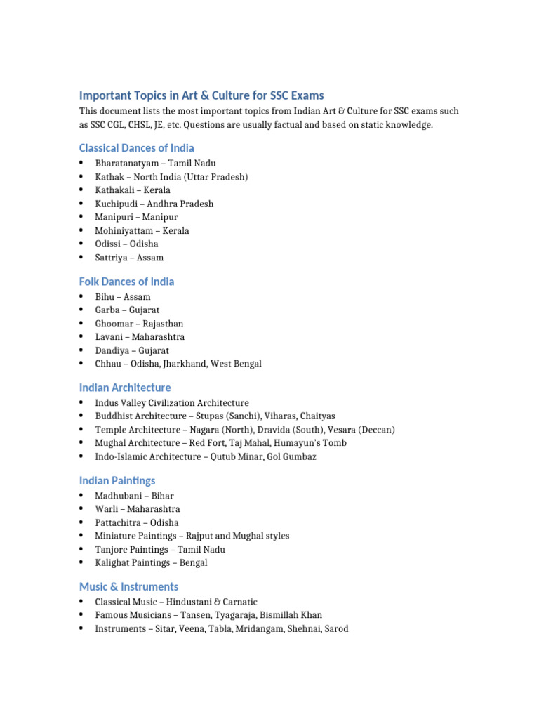 Key Indian Art & Culture Topics for SSC | PDF