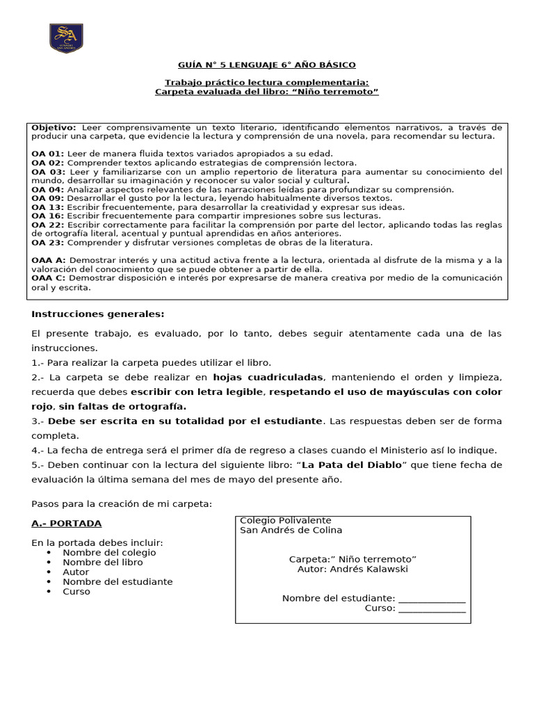 Guía #5 Lenguaje 6° Año Básico Niño Terremoto | PDF | Comprensión ...