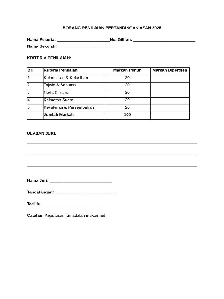 BORANG PENILAIAN PERTANDINGAN | PDF