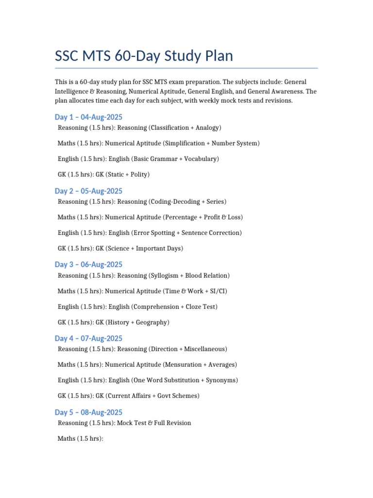 SSC MTS 60 Days Study Plan | PDF | English Language | Linguistics