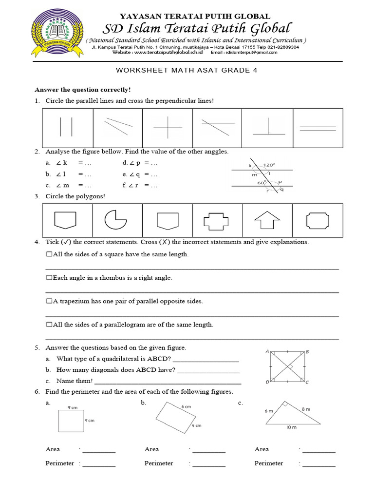 Worksheet Math ASAT 2425 - Grade 4 | PDF | Area | Elementary Geometry