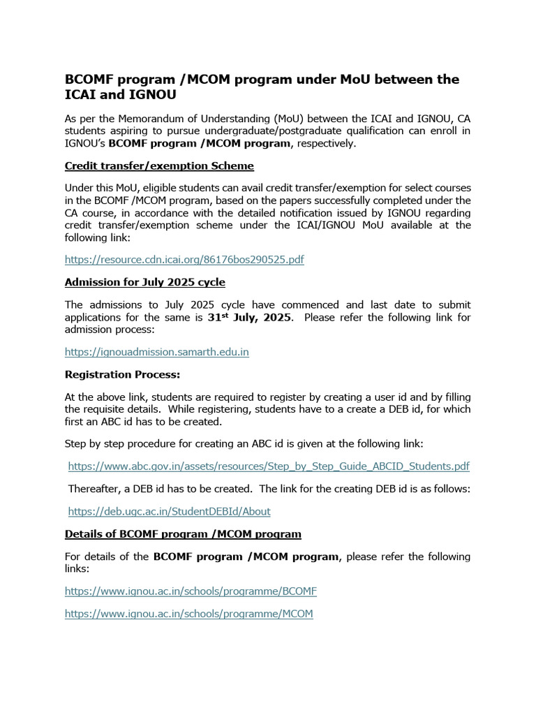 ICAI-IGNOU MoU for BCOMF/MCOM 2025 | PDF