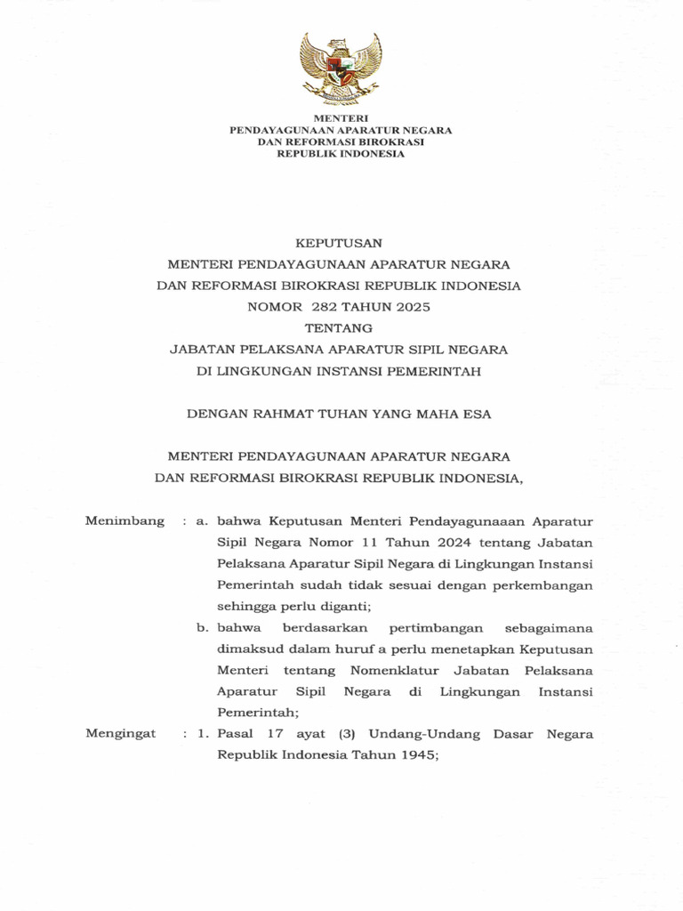 Kepmen PANRB Nomor 282 Tahun 2025 Tentang Jabatan Pelaksana ASN | PDF