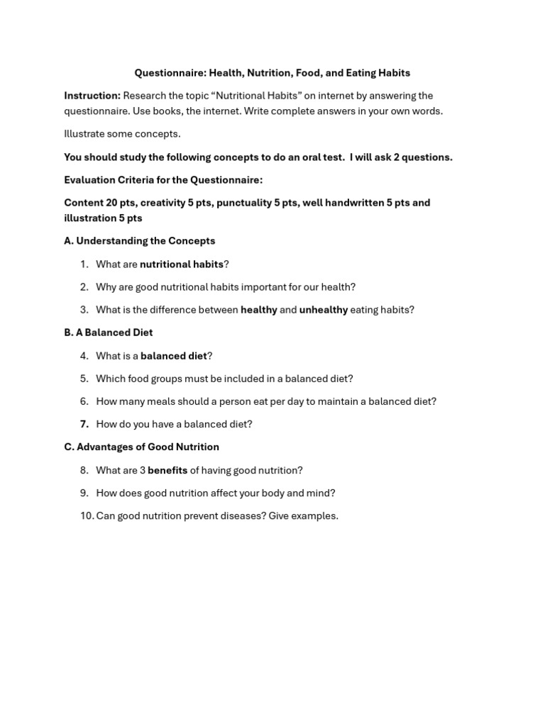 Questionnaire Health, Nutrition, Food, and Eating Habits 9 Grade II ...