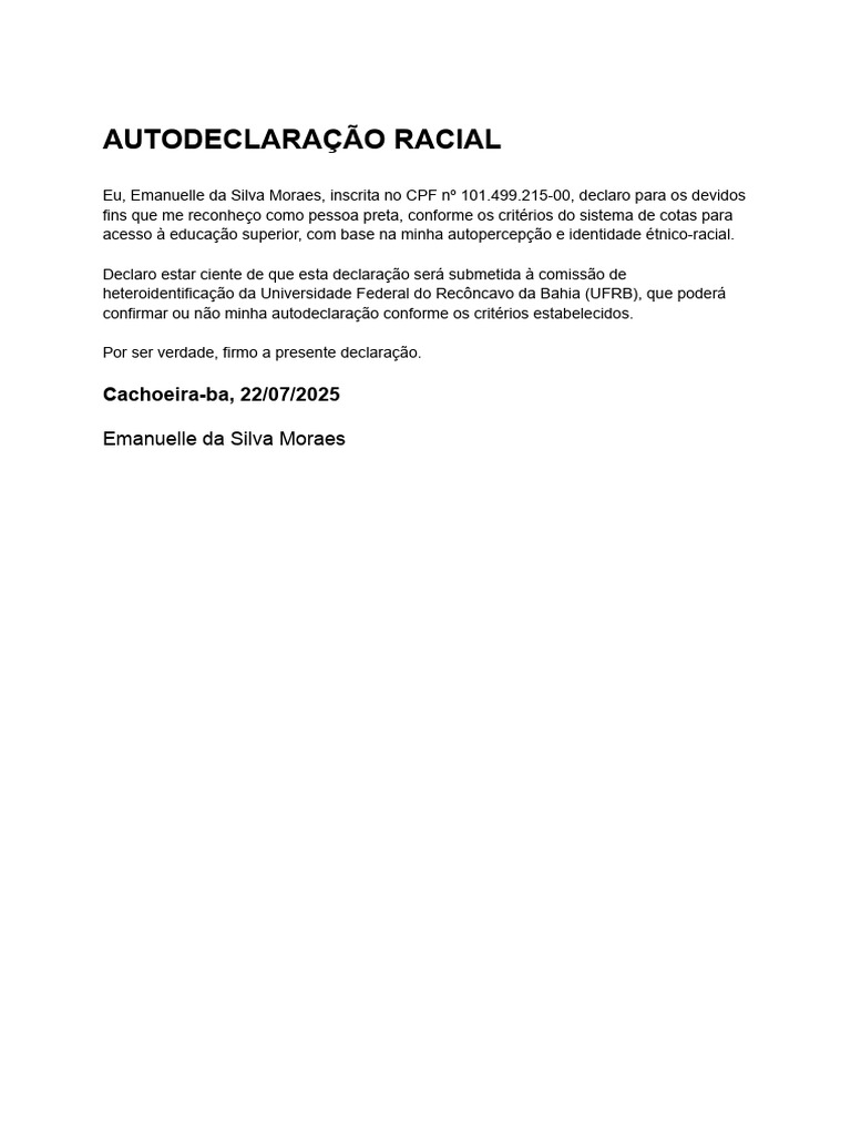 Autodeclaração Racial de Emanuelle Moraes | PDF