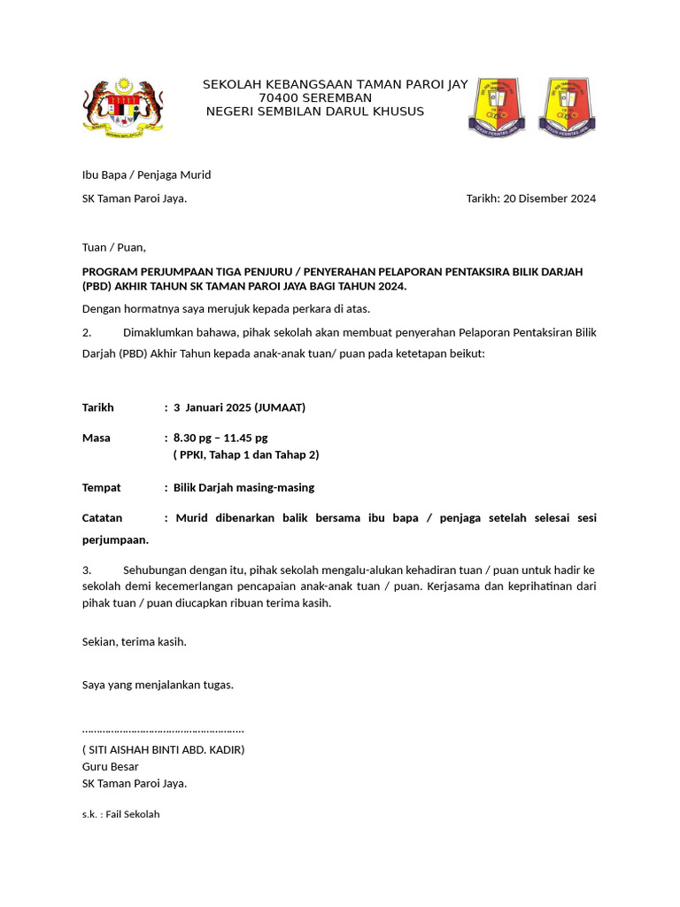 Surat 3 Penjuru Sktpj 2024 Akhir Tahun | PDF