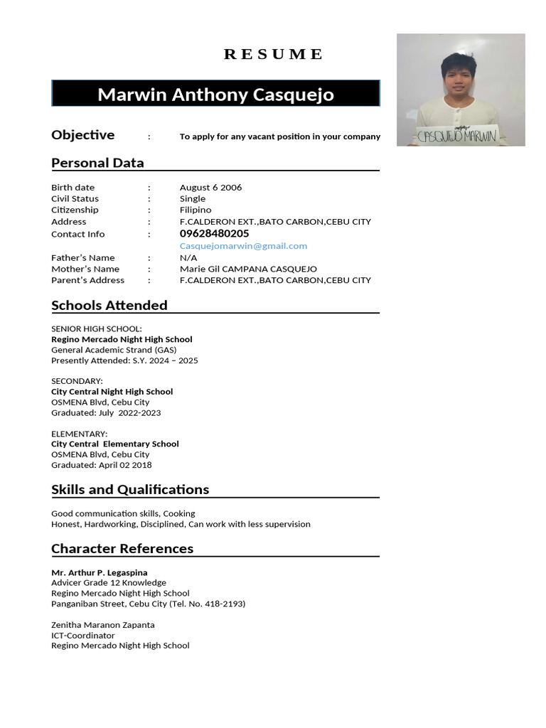 Resume of Marwin Anthony Casquejo | PDF