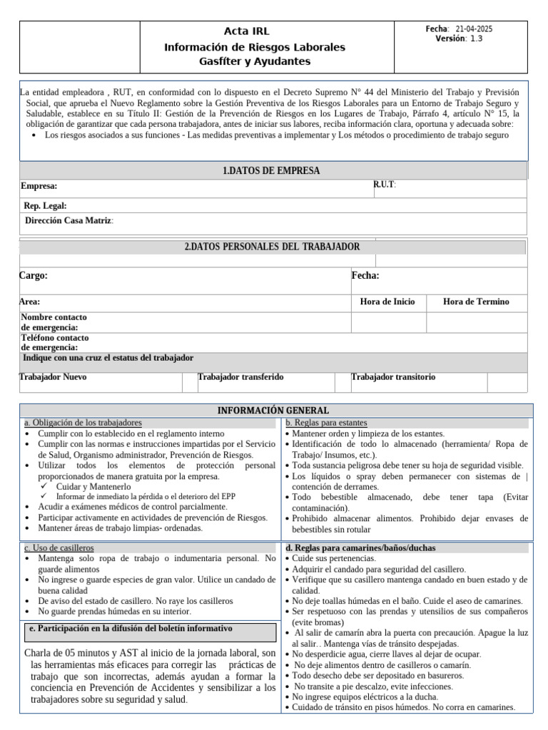 Acta de Riesgos Laborales IRL | PDF | ruido | Derecho laboral