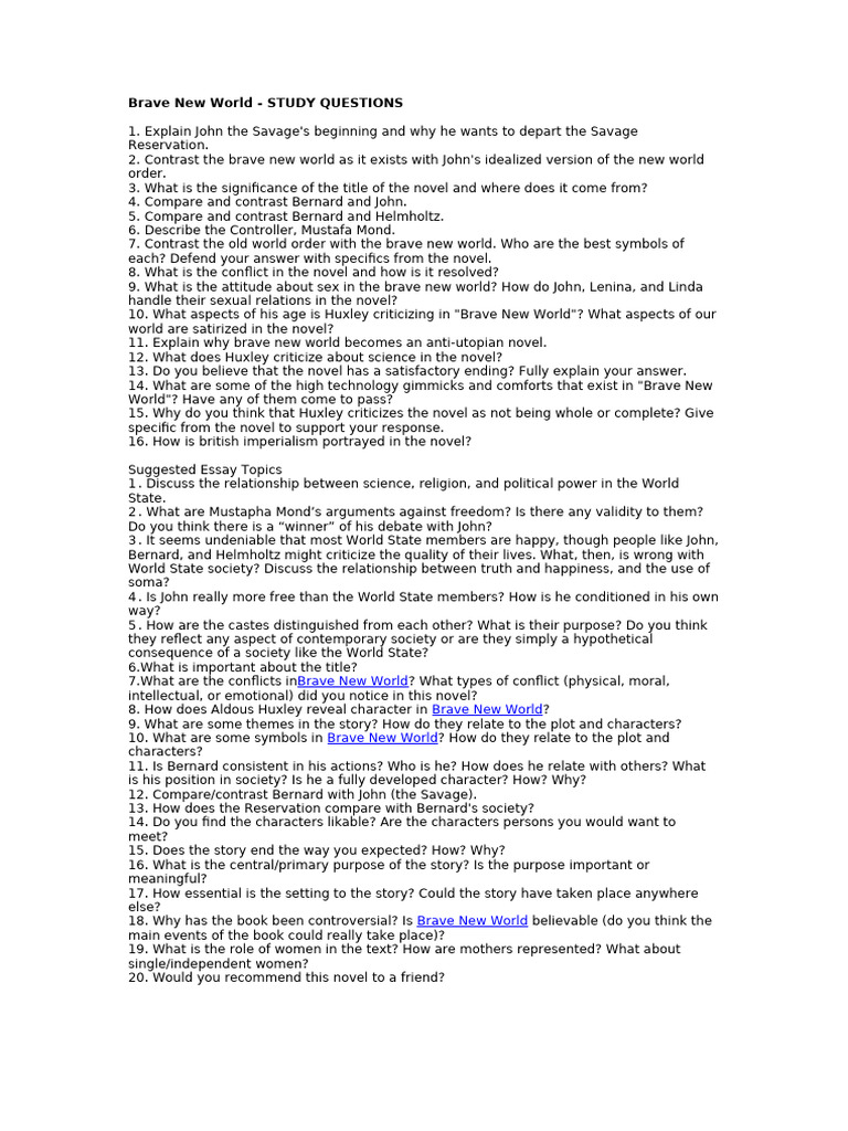 Brave New World - Study Questions | PDF