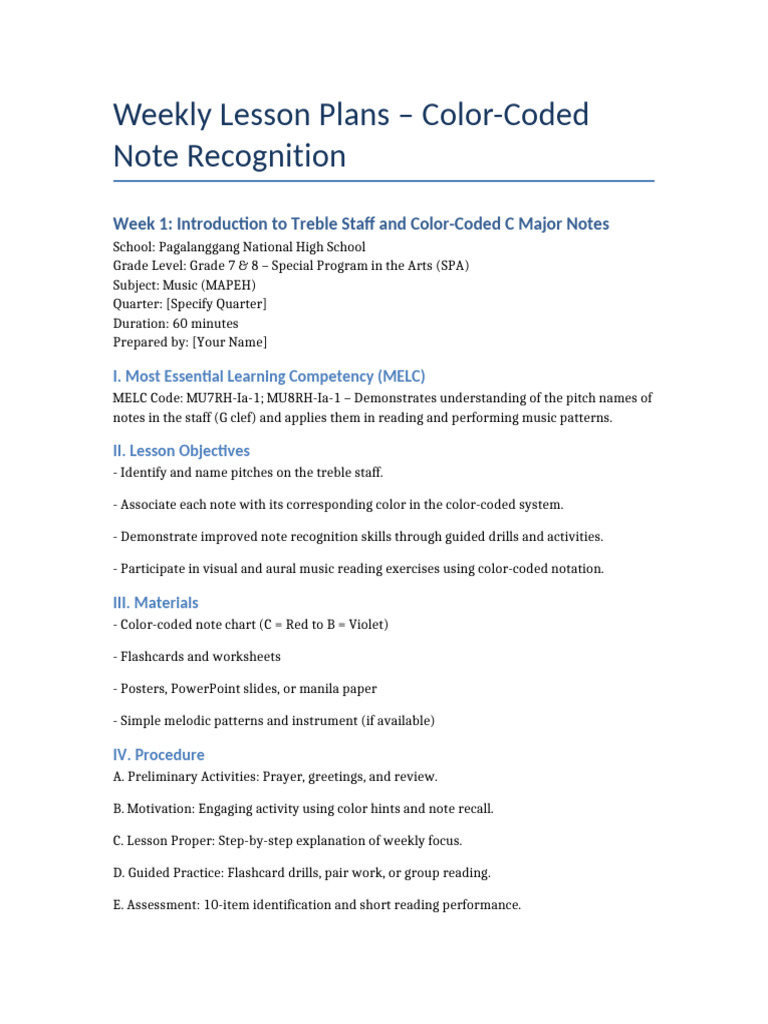 Weekly Color Coded Lesson Plans | PDF | Clef | Musical Notation