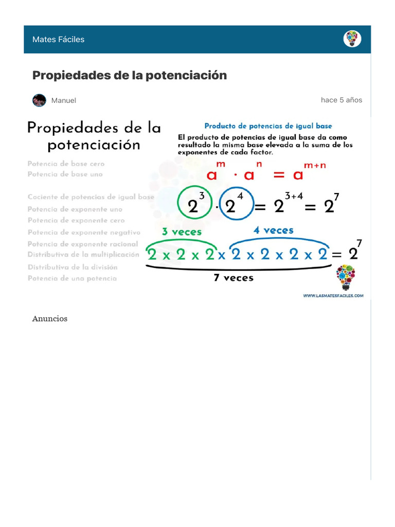Propiedades de la potenciación - Mates Fáciles | PDF | Exponenciación ...
