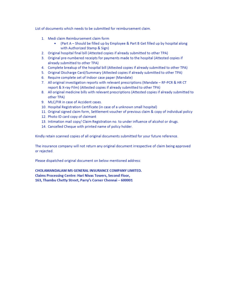 Reimbursement Claim Document Checklist | PDF
