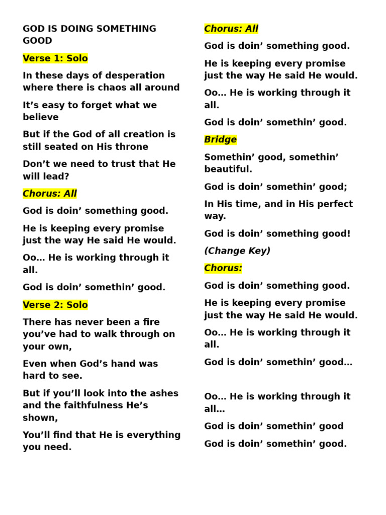 God Is Doing Something Good Lyrics | PDF | Songs | Theology