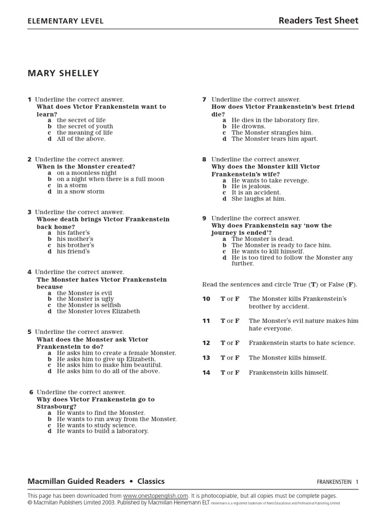 Frankenstein Reading Comprehension Test | PDF | Frankenstein