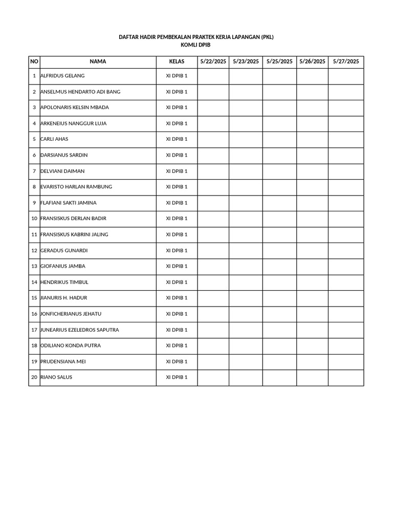 Daftar Hadir PKL 2025 | PDF