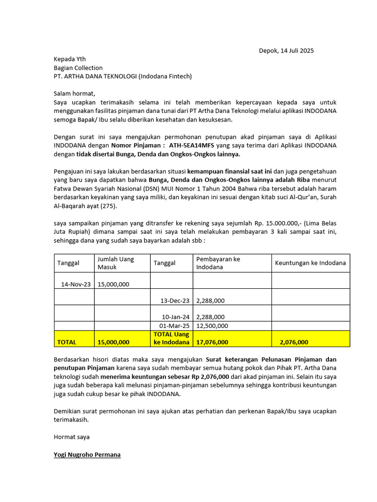 Surat Permohonan Pelunasan - Indodana | PDF