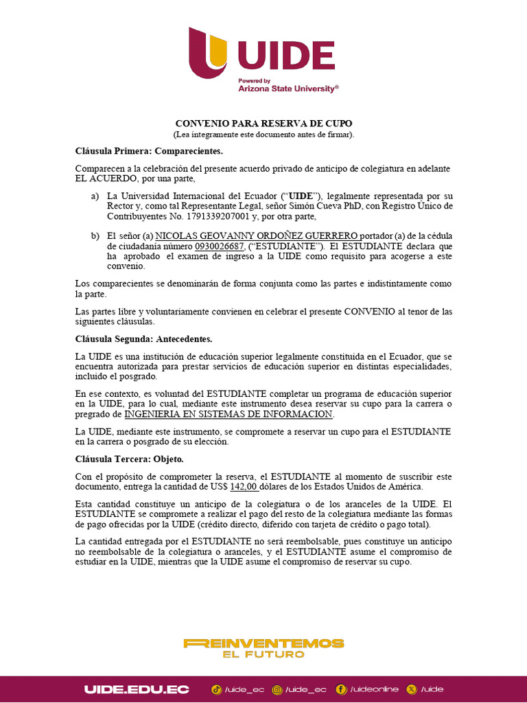Convenio de Reserva de Cupo UIDE | PDF | Arbitraje | Justicia