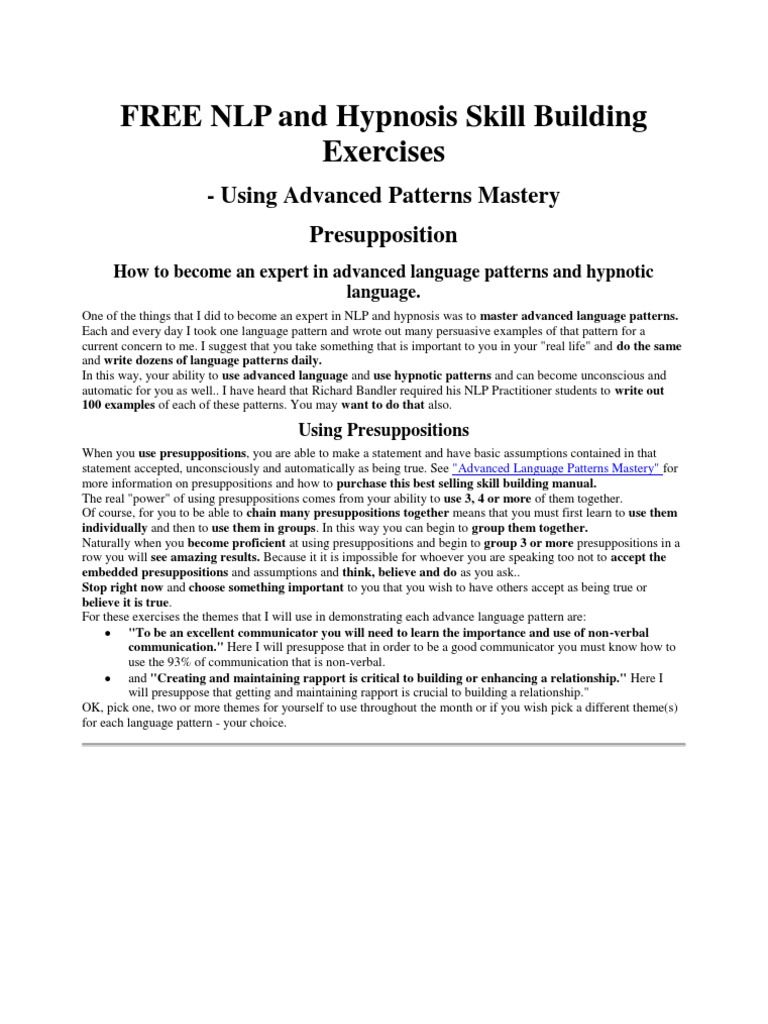 FREE NLP and Hypnosis Skill Building Exercises | PDF | Neuro Linguistic ...