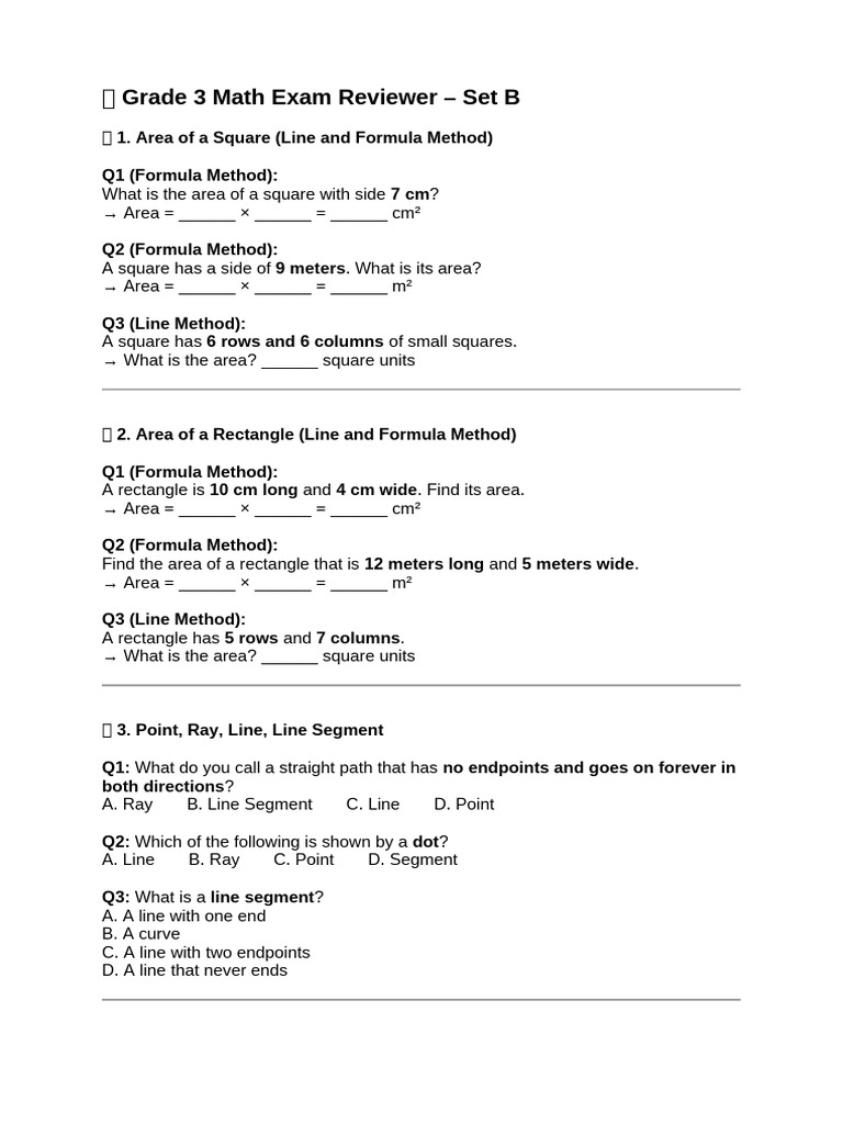 Grade 3 Math Exam Reviewer Set B Pdf
