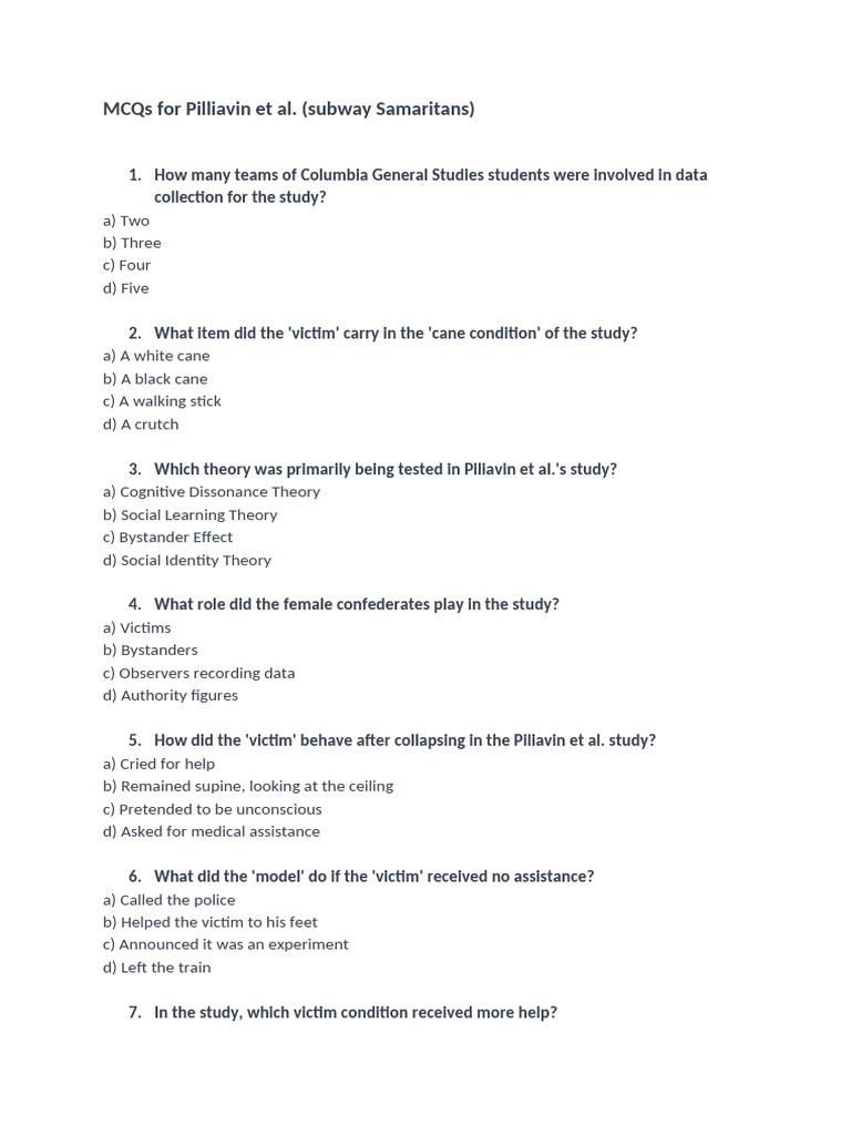 MCQs For Pilliavin Et Al. (Subway Samaritans) | PDF