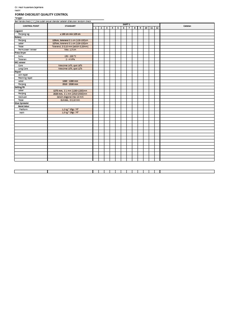 Contoh Form Quality Control Produksi | PDF