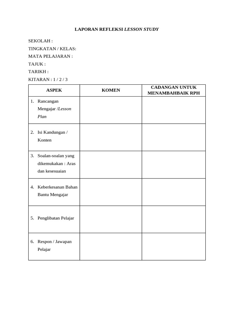 Tool Kit LS Laporan Reflektif Lesson Study | PDF